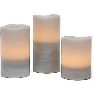 Rhytsing Grey Battery Operated Flameless Led Candles with Timer Function, Warm White Light, Real Wax Finish, 6 Batteries Included - Set of 3