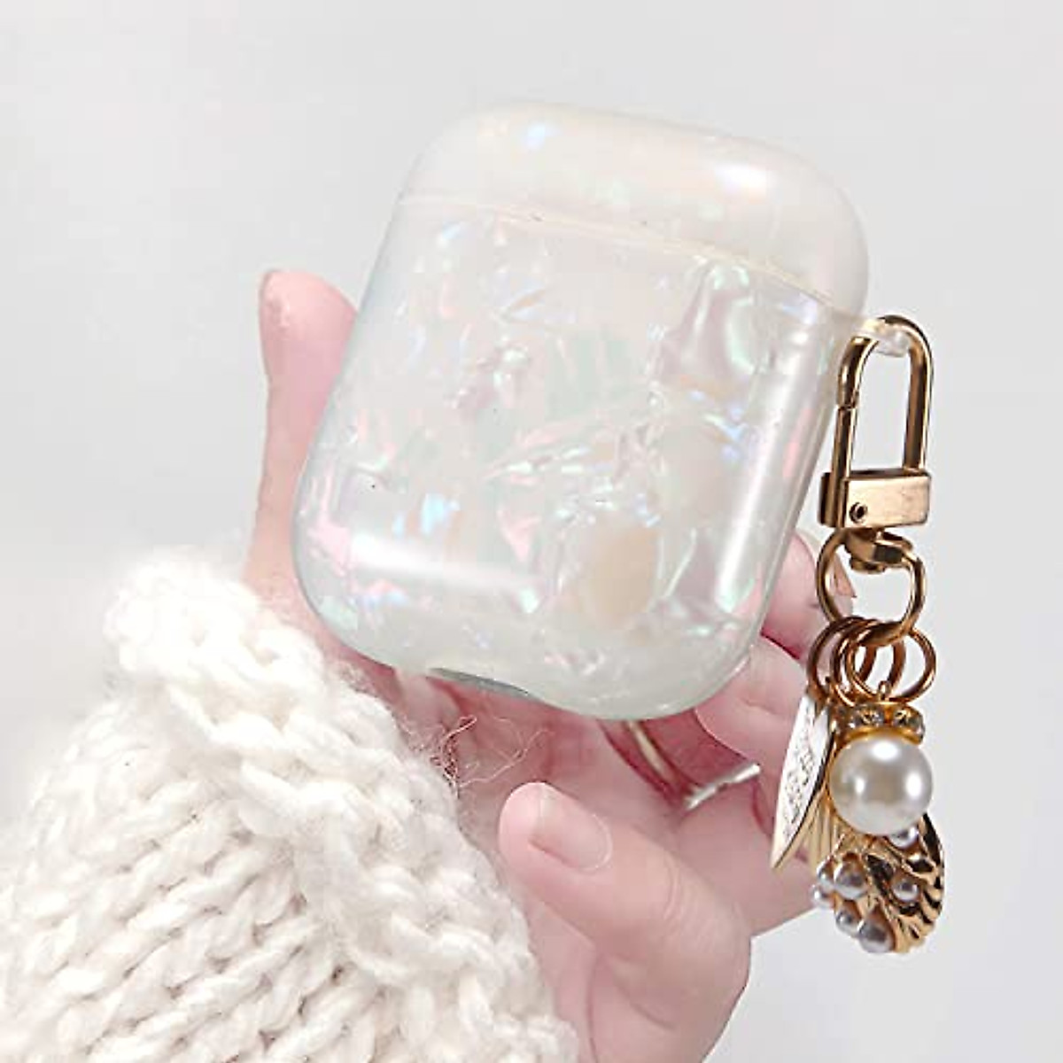 JOYLAND Bling Hard Case Cover with Multicolor Pearl Shell for AirPods 2 & 1,Full Protective Case with Shell Pearl Keychain for Girl Women Men Glitter Wireless Charging Airpods Case for AirPods 1