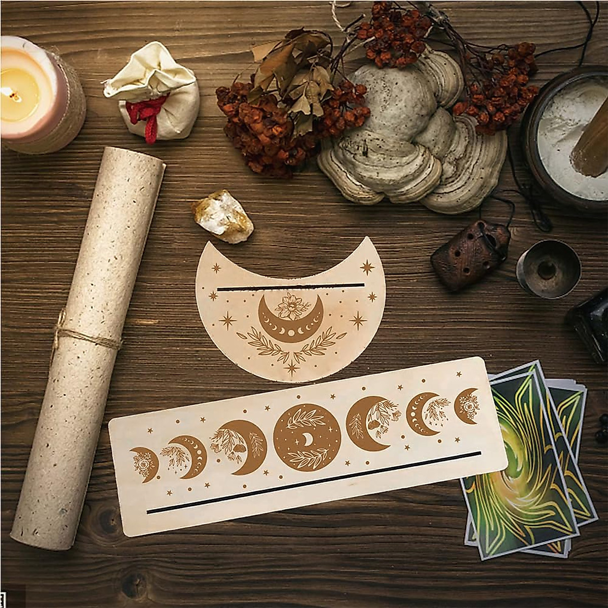 GORGECRAFT 2PCS Wooden Card Stand for Tarot 5" Moon Shape and 10" Rectangle Wood Tarot Cards Altar Stand Display Holder Witch Divination Tools Majic Ceremonial Wiccan Supplies(Moon Phase and Flower)