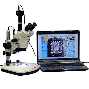 AmScope SM-1TZ-PL-5M Digital Professional Trinocular Stereo Zoom Microscope, WH10x Eyepieces, 3.5X-90X Magnification, 0.7X-4.5X Zoom Objective, Upper and Lower LED Lighting, Large Pillar-Style Table Stand, Includes 0.5X and 2.0X Barlow Lenses and 5MP Came