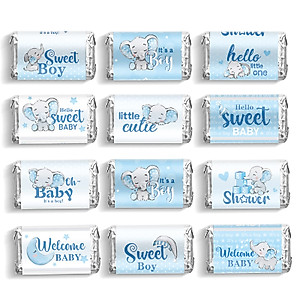 90 Pcs Elephants Candy Bar Wrappers Elephants Baby Shower Sticker Chocolate Label Bar Stickers Mini Candy Bar Miniatures Wrappers for Sprinkle Birthday Boy Girl Baby Shower Birthday Decor (Blue)
