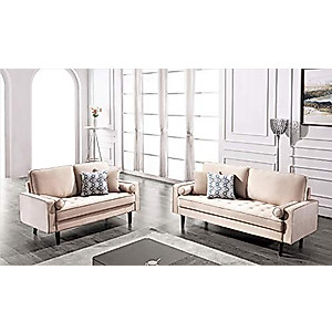 Container Furniture Direct Womble Modern Velvet Upholstered Living Room Diamond Tufted Chesterfield Sofa with Gleaming Nailheads, Biscuit