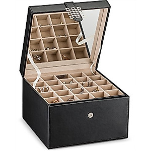 Glenor Co Earring Organizer Holder - 50 Small & 4 Large Slots Classic Jewelry box with Drawer & Modern Closure, Mirror, 3 Trays for Earrings, Ring or Chain Storage - PU Leather Case - Black