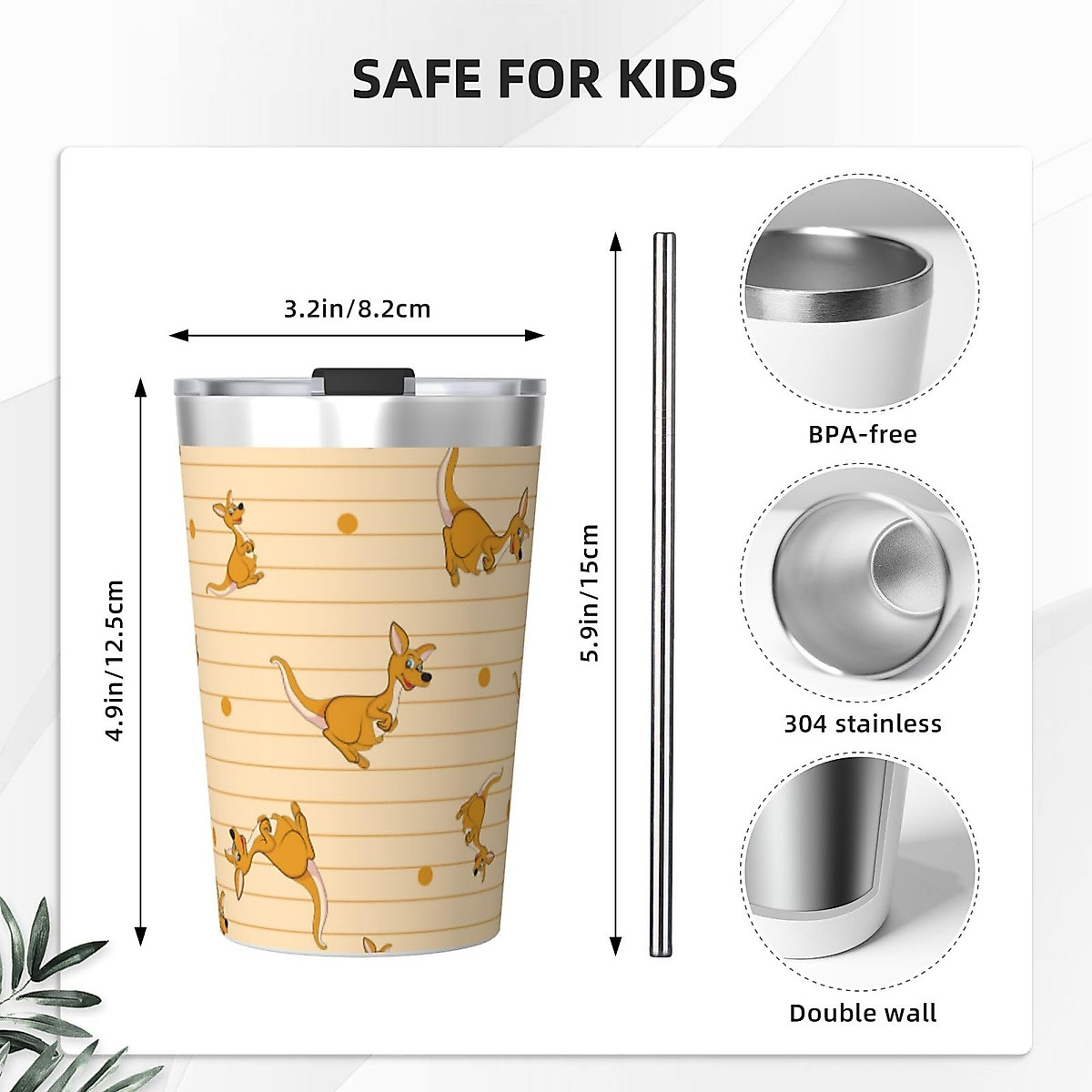 PAYOHTO Cartoon Kangaroo Insulated Stainless Steel Tumbler 12 oz Thermos Come with Straw Kids Leak-Proof Travel Mug Cup