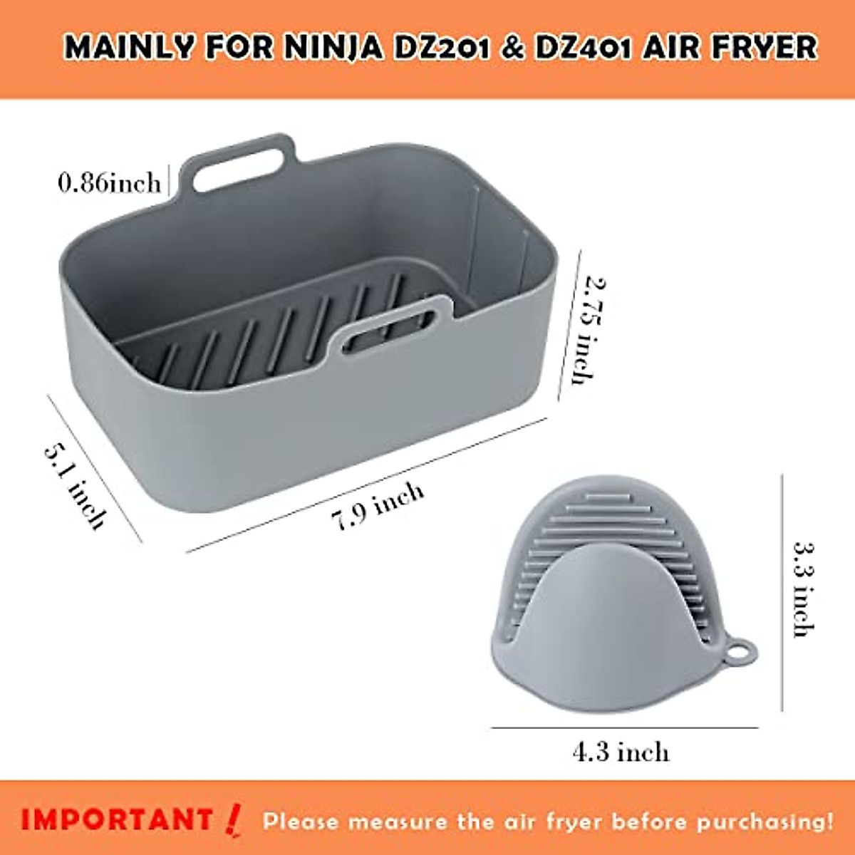2PCS Air Fryer Silicone Pot - Silicone Air Fryer Reusable Liners for 8QT Ninja Foodi DZ201 DZ401 8QT, Food Safe Air Fryer Silicone Basket, Easy Cleaning Air Fryer Pan with Heat-proof Gloves