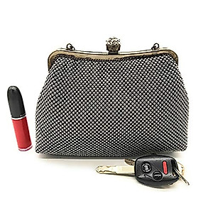 Women clutch small metal beaded mesh evening purse bag for Cocktail Party Prom Wedding Banquet (Gun Metal)