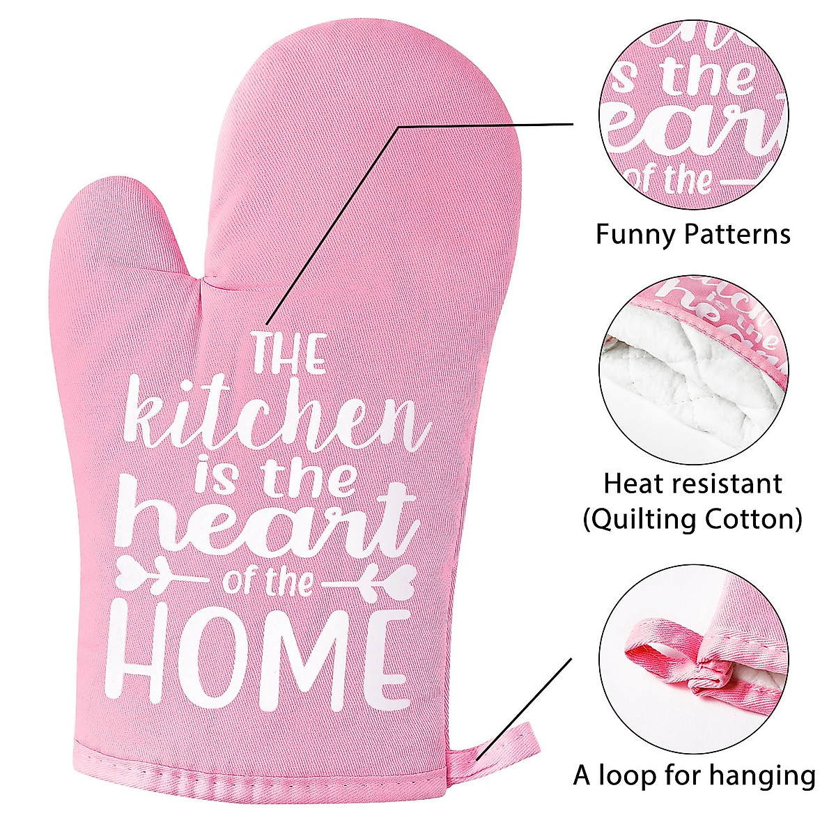 GROBRO7 6Pcs Funny Oven Mitts Pot Holders The Kitchen is The Heart of The Home Heat Resistant Hot Pad Machine Washable Gloves with Hanging Loop Pocket Pot Holder for Baking Cooking Pink
