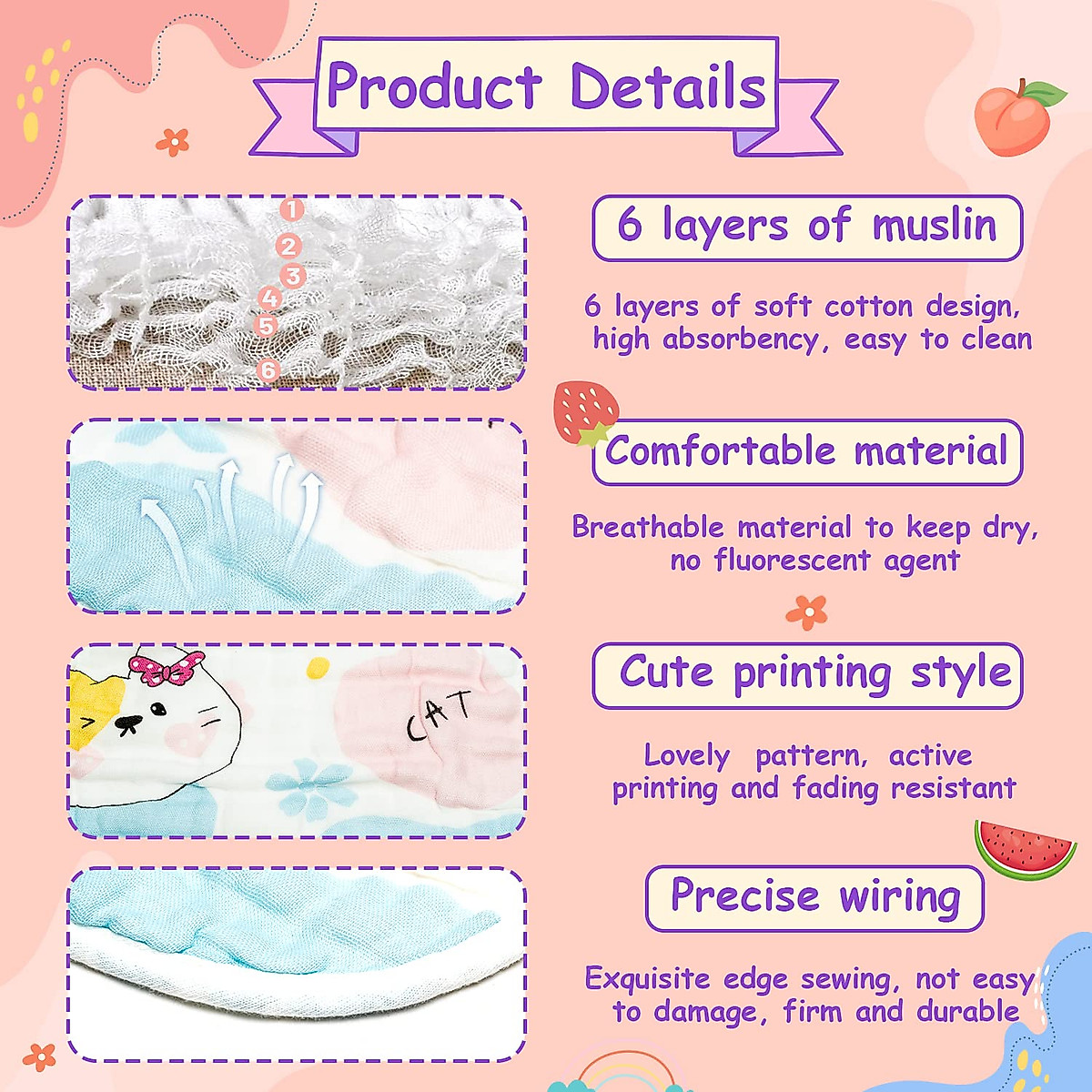 2ooya 8Pcs Muslin Baby Bibs Adjustable Baby Bandana Drool Bibs 6 Absorbent Cotton Layers Infant Bib Drooling Feeding Eating Teething Bibs Keepsake Gift for Newborn Babies