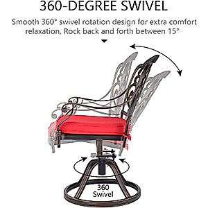 LEISU 2 Piece Cast Aluminum Bistro Dining Chair Outdoor Bistro Chairs for Home Patio Garden Deck (2 Swivel Rocker Chairs with Red Cushions)