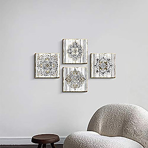 Kas Home Mandala Pattern Room Decor Boho Canvas Wall Art Prints Framed Pictures 4 Pieces Artwork for Living Room Bedroom Bathroom Kitchen Office Home Decoration (14 x 14 x 4, Black)
