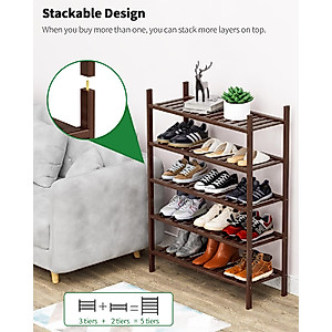 VOPOG Shoe Rack, 2-Tier Bamboo Shoe Rack for Front Door Entrance with Shoe Horn, Stackable Shoe Rack Organizer Shoe Shelf for Entryway, Hallway, Bathroom, and Closet Shoe Organizer - Brown