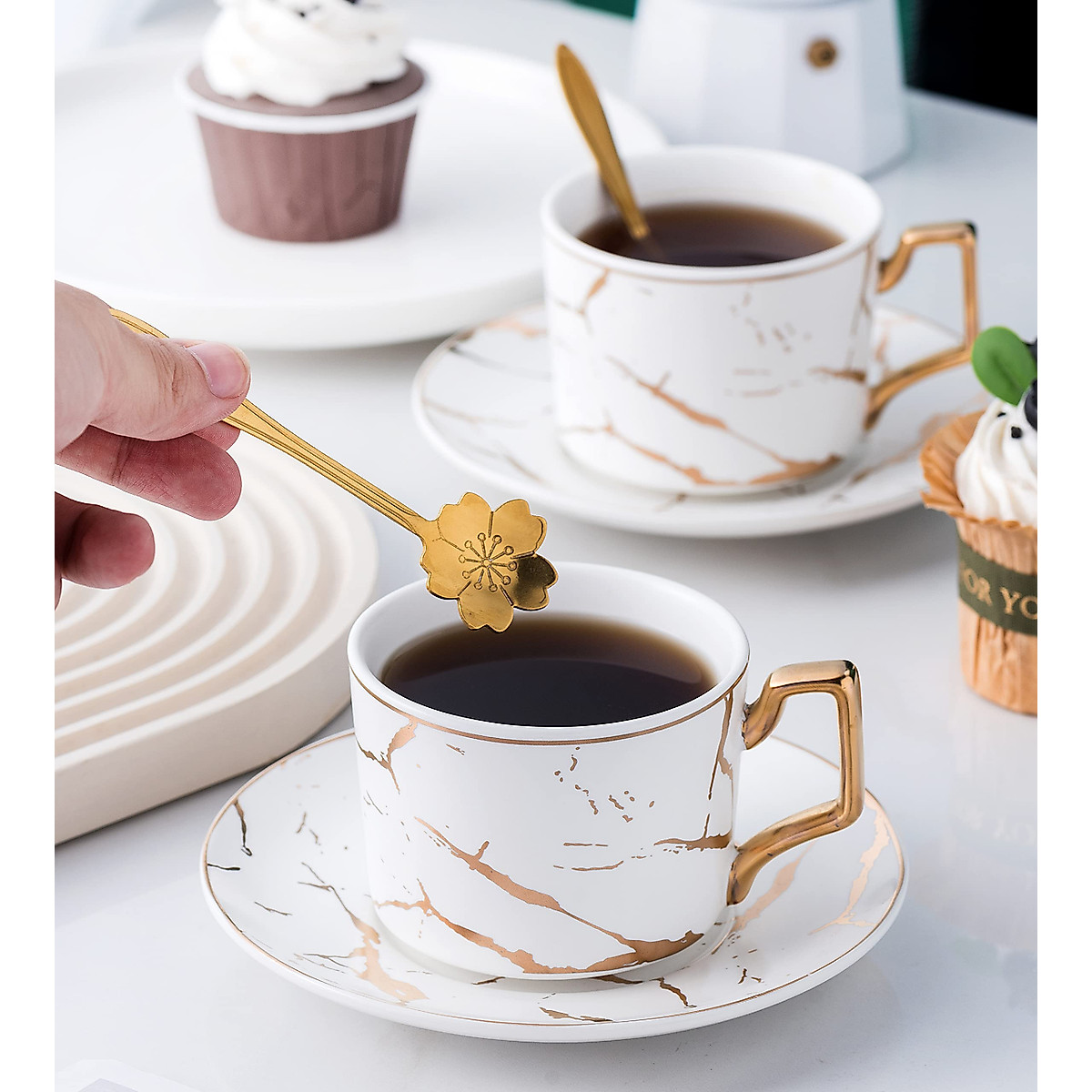 Jusalpha Serve of 4- Hand Printed Golden Matte Ceramic Marble Tea Coffee/Tea Cups with Spoons and Cup Holder, 7OZ -TCS26 (White/Gold, Serve of 4)