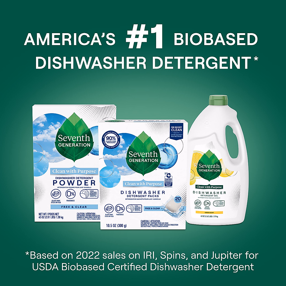 Seventh Generation Dishwasher Detergent Packs, Blasts Away Stuck-On Food, Free & Clear, 45 Packs