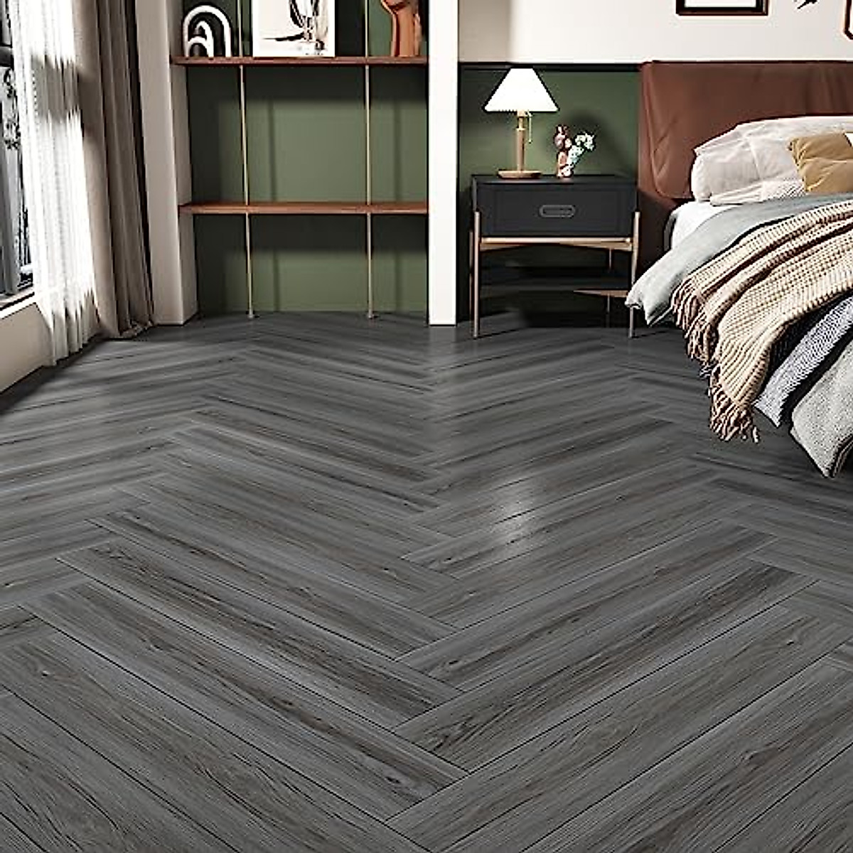 Skyblur Dark Grey Wood Planks Peel and Stick Floor Tile Stickers for Bathroom Bedroom DIY Vinyl Plank Tiles for Kitchen Waterproof Self Adhesive Flooring 35x6 Inch 4 Sheets