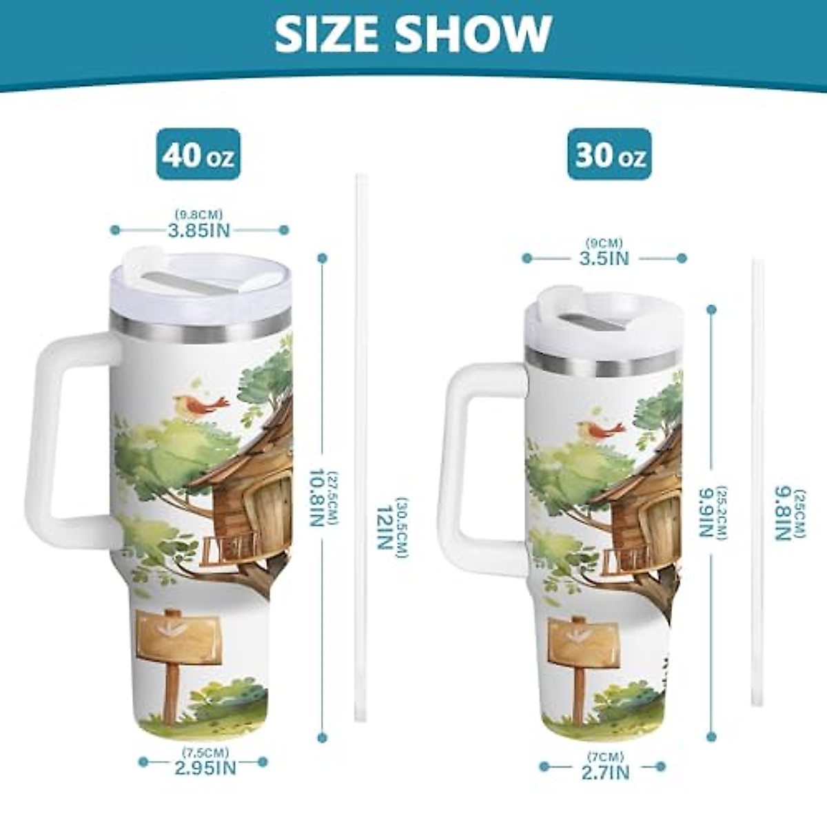 ODAWA Hand Painted Tree House Insulated Cup with Handle Insulated Tumblers Reusable Stainless Steel Water Bottle