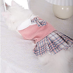 Anelekor Cute Cat Sweater Dresses with Necktie Decor Pet School Uniform Costume Puppy Spring Autumn Outfit Soft Knitted Skirt Shirts for Cat Rabbit Small Medium Dogs (X-Small, Pink)