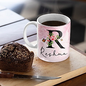 Personalized Name & Initial Monogram Floral Pink Pattern Alphabet White Coffee Mug Cup, Initial Monogram Travel Mug Gift For Women