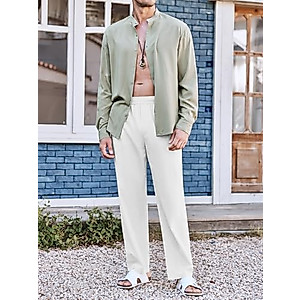 PASLTER Mens Linen Cotton Pants Casual Loose Fit Straight-Leg Lightweight Elastic Waist Beach Yoga Lounge Trousers for Men White