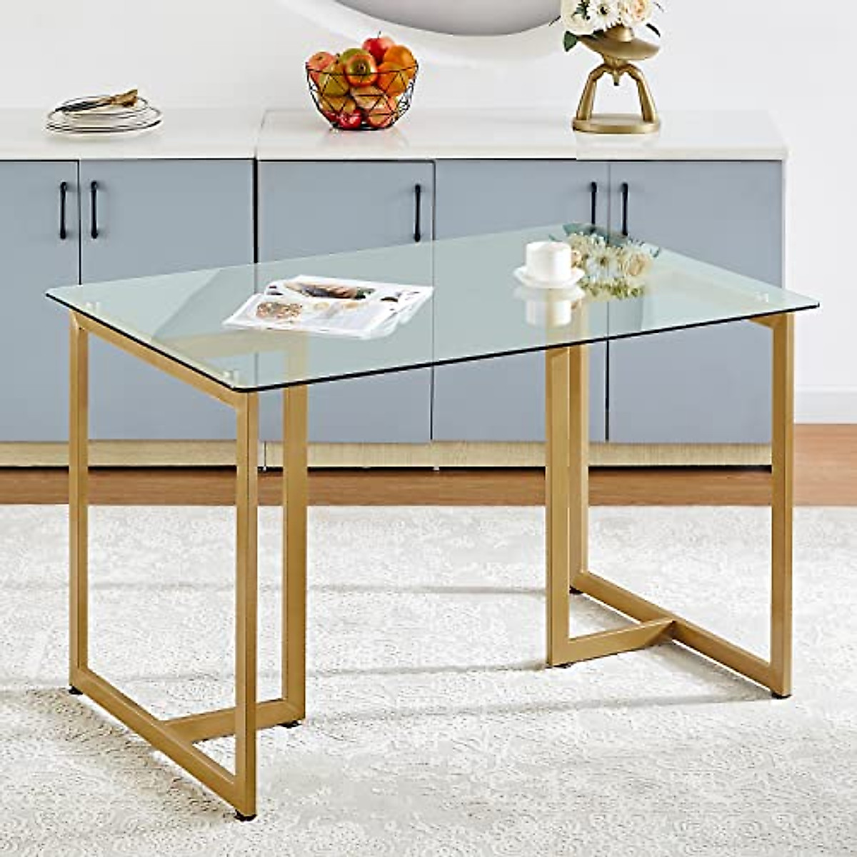 FurnitureR 47" Modern Rectangular Spacious Tempered Glass Tabletop & Gold Base Elegant Home Kitchen Room Dining Table, Gold