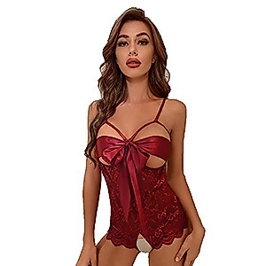Romwe Women's Self Knot Front Teddy Lingerie One Piece Floral Lace Bodysuit Babydoll Burgundy L