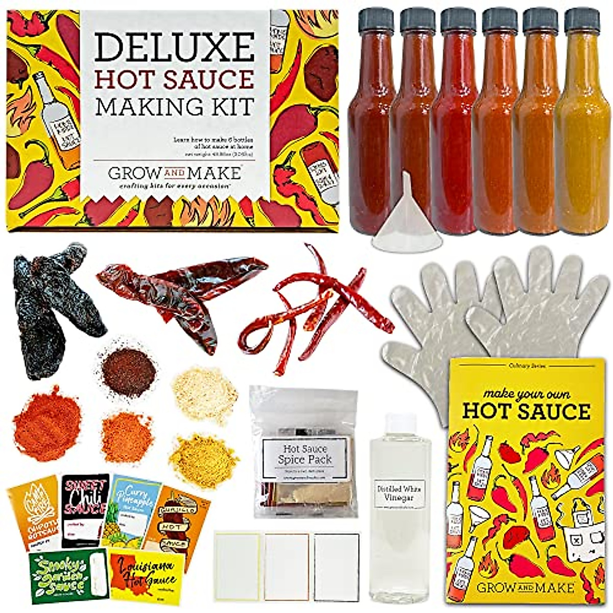 DELUXE DIY HOT SAUCE MAKING KIT Everything Included - Best Gift for Him, Husband, Friend, & Loved One - Make Your Own Gourmet Hot Sauce - Quality Dried Hot & Spicy Peppers, 6 Unique Recipes & stickers