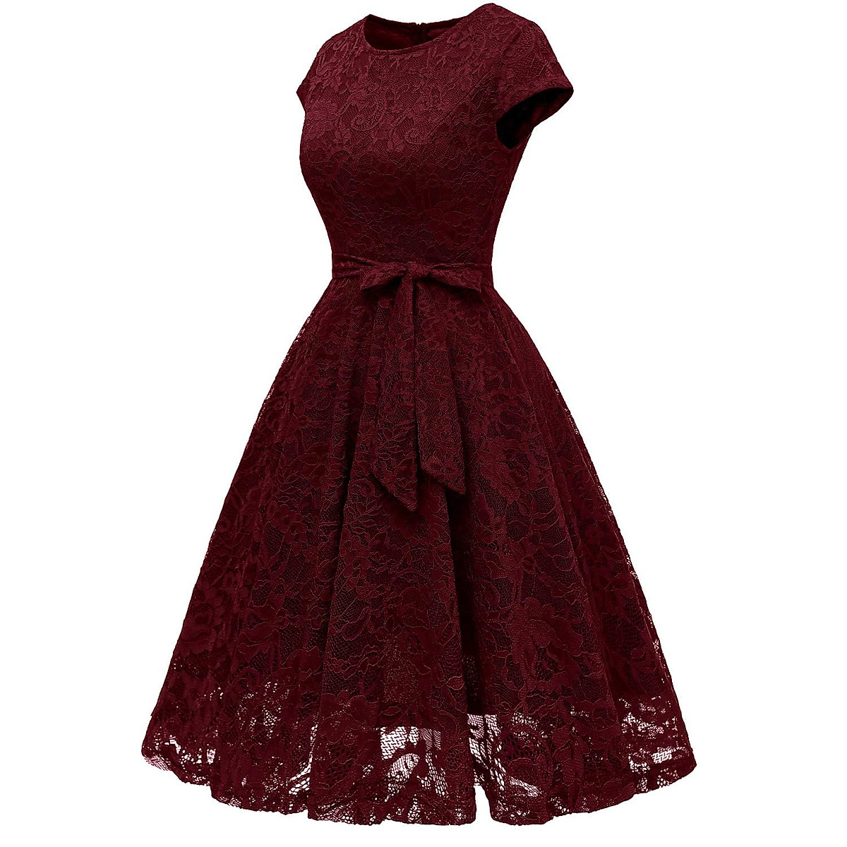 MUADRESS Women Cap-Sleeve Lace Floral Elegant Cocktail Dress Crew Neck Knee Length Bridesmaid Prom Dresses for Party Burgundy XL