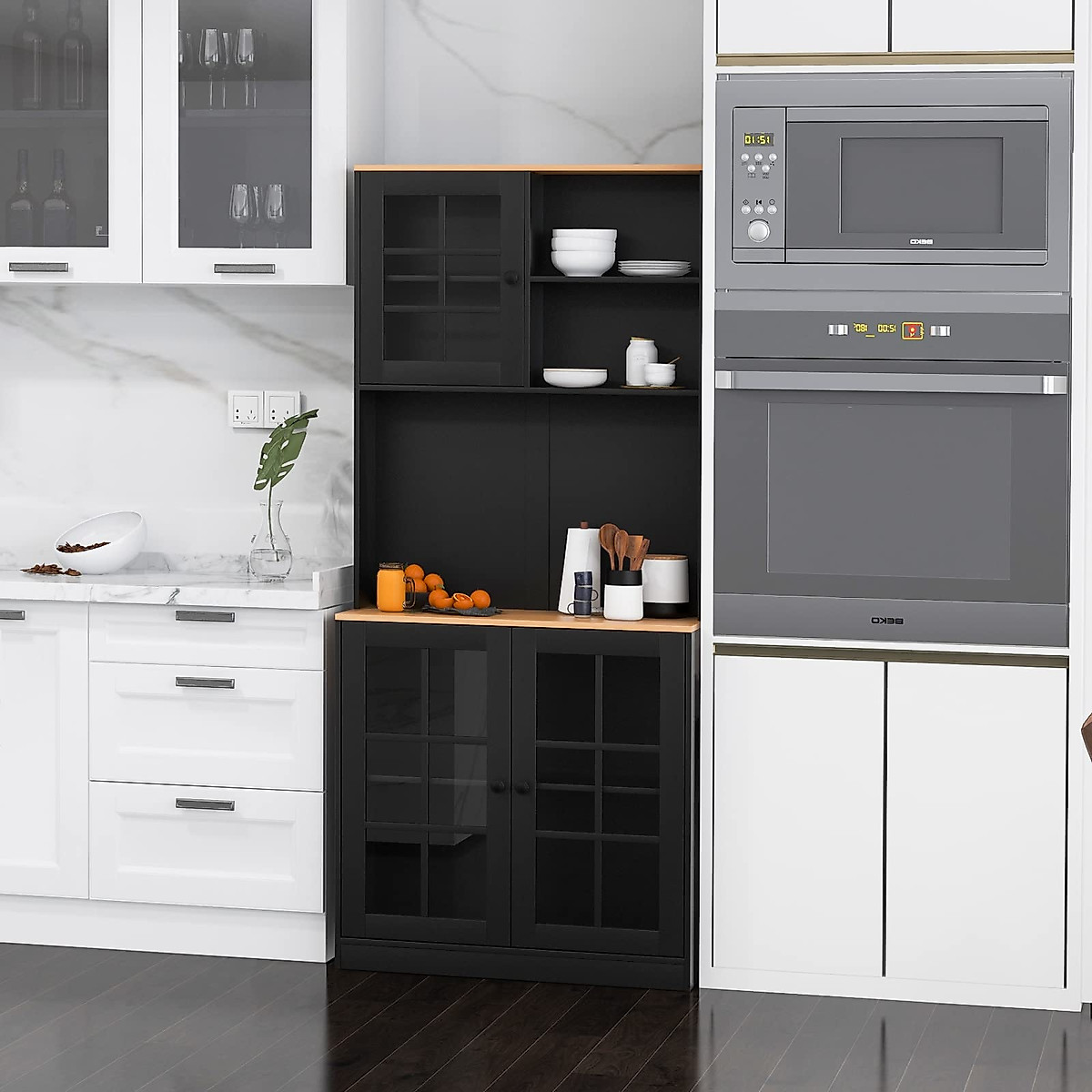 LOKO 72" Kitchen Hutch Storage Cabinet, Freestanding Pantry Buffet Cabinet with Glass Doors, Open & Closed Storage, 3-Position Adjustable Shelves, Tall Cupboard Storage Cabinet (Black)