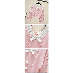 Cuteighteen Cute Sweaters for Women Cable Knit V Neck Cropped Loose Sweater Pullover Long Sleeve Top with Bow (Pink)
