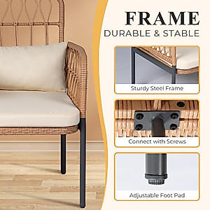 PROHIKER Patio Furniture Outdoor Rattan Loveseat 2-Seat with Built-in Table, Lumbar Pillows and Cushions, All-Weather Wicker Loveseat Porch Chairs for Balcony, Lawn, Backyard