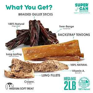 SUPER CAN BULLYSTICKS 2lb Mega Mix Natural Dog Chews Variety - Pig Ears, Cow Ears, Beef Lung, Liver, Trachea - Healthy Treats Small Medium Large Dogs - Long Lasting Bully & Gullet Sticks