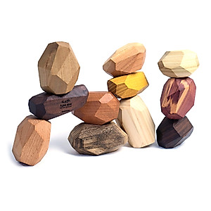 Tumi Ishi 11 Piece Natural Wooden Balancing Block Set - Sensory Educational Natural Wood Toy Stacking Game - Mixed Wood Species - USA Made - Jojoba Oil and Beeswax Finish - Wood Stone Building Blocks