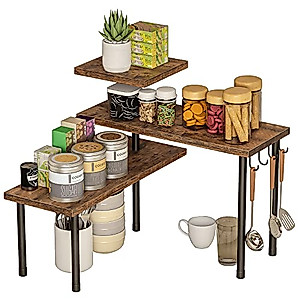 BCOZLUX Kitchen Countertop Organizer, 3 Tier Corner Counter Shelf with Metal Hooks, Bathroom Counter Organizers and Storage, Tiered Wood Spice Rack, Rustic Brown and Black