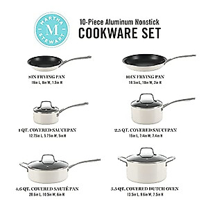 Martha Stewart Lockton Premium Nonstick 10 Piece Enamel Heavy Gauge Aluminum Pots and Pans Cookware Set - Linen White
