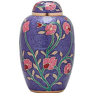 Ansons Urns Cremation Urn - Flower Funeral Urn for Human Ashes - Burial urn with Lacquer Finish - 100% Brass - Flora Blue