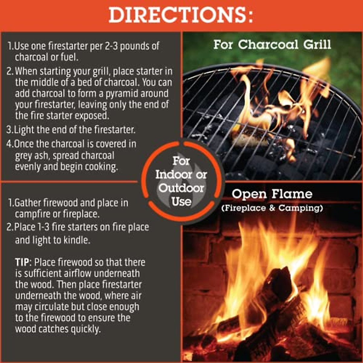All Natural Fire Starters (50 Pack) - Unique Design Lights Quick & Easily with No Flare Up- Indoor Outdoor Use for Barbecue Charcoal Grill, Campfire, Pellet Stove, Firewood - Fathers Day BBQ Gift
