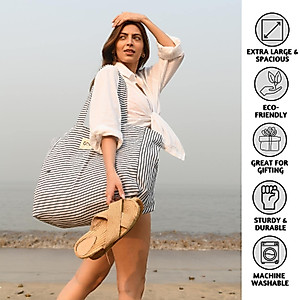 Folkulture Beach Bag For Women | 17 x 14 Inch - 100% Cotton Beach Tote Bag With Zipper, Large Woven Pool Bag, Cute Travel Beach Bag or Packable Canvas Beach Bag | Beach Accessories (Vibes Black)