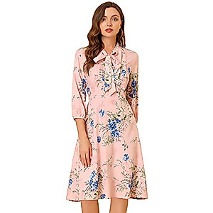 Allegra K Women's Floral Tie Neck 3/4 Sleeve Office Work Midi Flowy Flare Dress Large Pink
