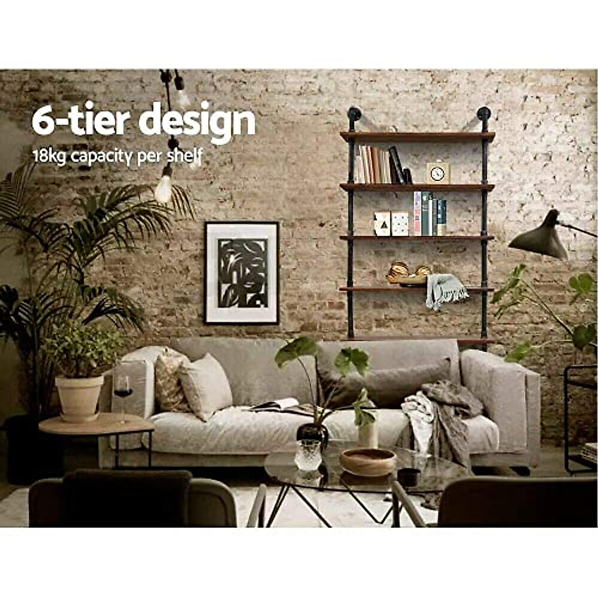 Diwhy Industrial Pipe Shelves Rustic Modern 36" W Wood Ladder Bookcase with Metal Frame,Pipe Wall Shelf,Wood Storage,Home Decor,Display Shelving,Retro Floating Wood Shelving,6 Layer Bookshelf (36" W)