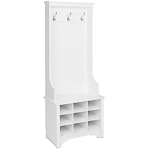 Prepac White Hall Tree, Shoe Cabinet, Storage Cabinet with 9 Shoe Cubbies and 3 Double Coat Hooks 15.5" D x 27" W x 68" H