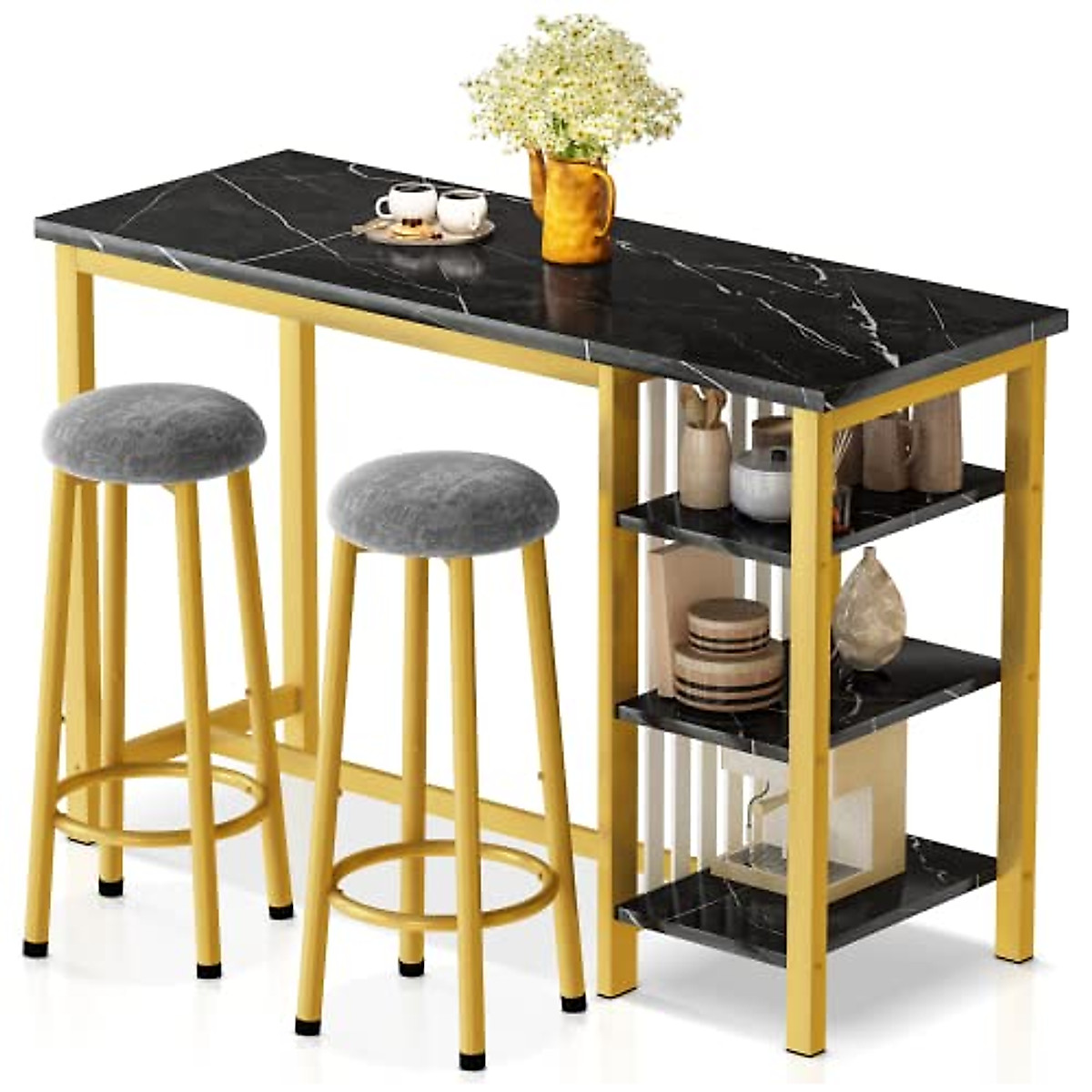 AWQM Bar Table Set with Storage Shelves, 47" Modern Black Faux Marble Breakfast Table with 2 Velvet Stools, 3-Piece Dining Set for 2, Space Saving Table for Kitchen/Dinning Room/Living Room/Studio