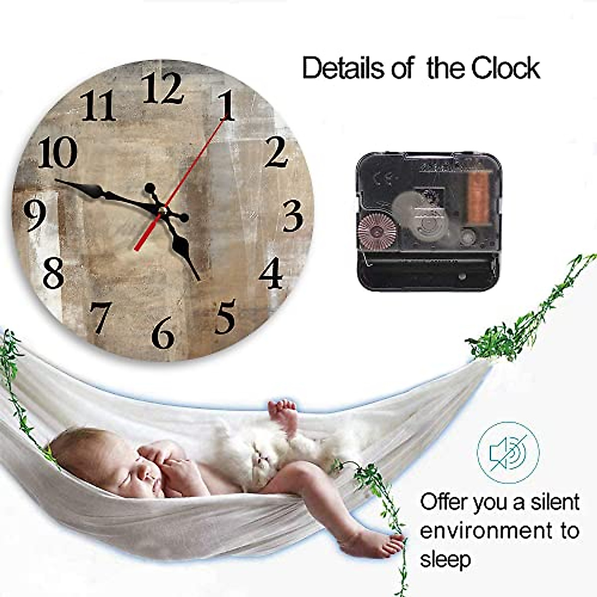 Round Wall Clock Silent Non-Ticking Clock 10 Inch, Contemporary Brown Beige Grey Home Decor for Living Room, Bathroom, Bedroom, Kitchen, Office and School
