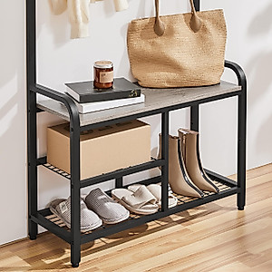 Topeakmart Hall Tree with Bench and Shoe Storage, Coat Rack with Top Shelf, 23 Hooks, 4-in-1 Design, Entryway Storage Organizer for Hallway Bedroom Apartment, Metal Frame, Gray