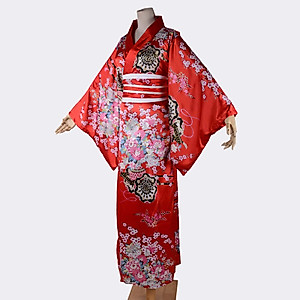 Women Japanese Kimono Robe Sweet Floral Patten Japanese Kimono Cosplay Dress Outfit Women Silk Satin Bathrobe Sleepwear (Long Kimono Red)
