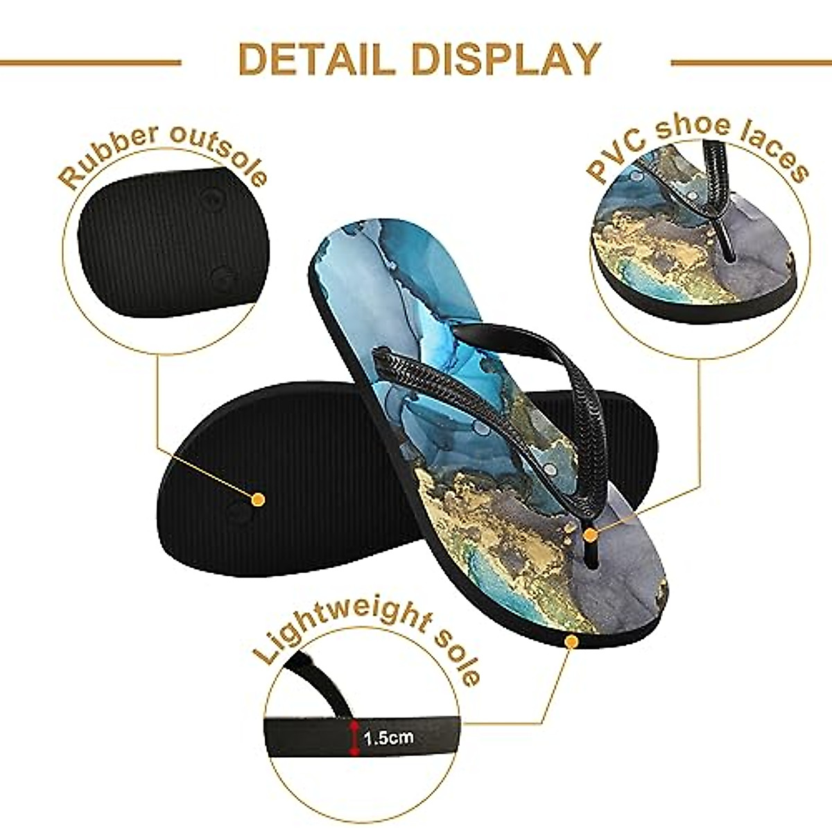 Poeticcity Mixed Blue, Grey, Golden Alcohol Ink Abstract Marble Texture Beach Flip Flops, Casual Comfort Thong Sandals for Indoor Outdoor, Home Slippers Hotel Spa Bedroom Travel for Men Women L Size