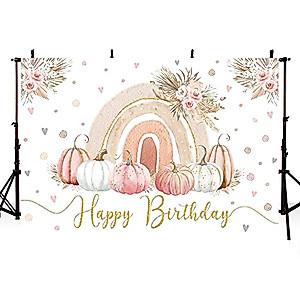 MEHOFOND Autumn Boho Little Pumpkin Backdrop Girl Happy Birthday Party Banner Decorations Thanksgiving Bohemia Rainbow Blush Pink Floral Photography Background 1st Bday Cake Smash Table Supplies 7x5ft
