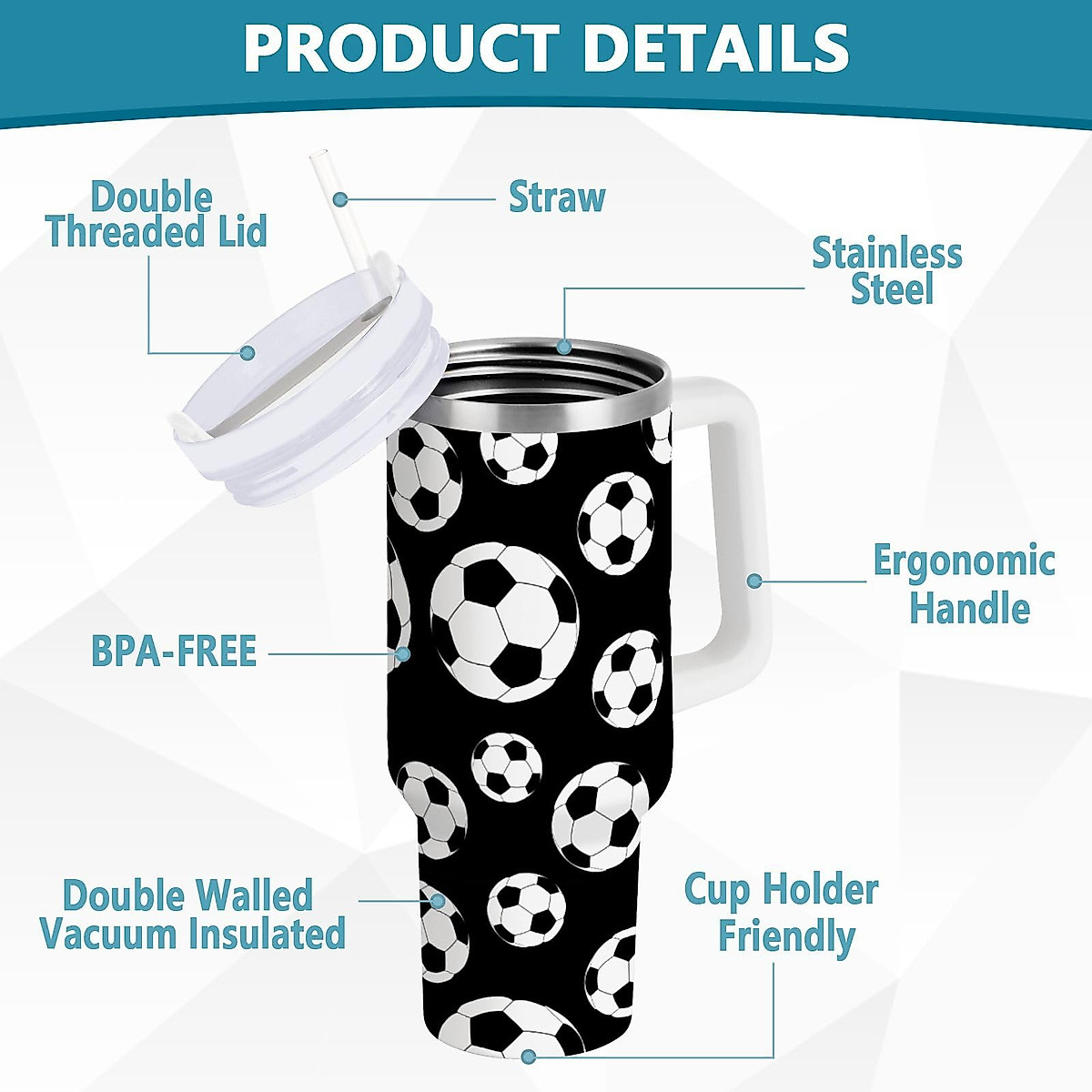 Traditional Black White Soccer Ball Tumbler with Handle and Straw Lid, Football 40 oz Insulated Coffee Cup Stainless Steel Water Bottle Travel Mug Cupholder Friendly,Gifts for Women Men