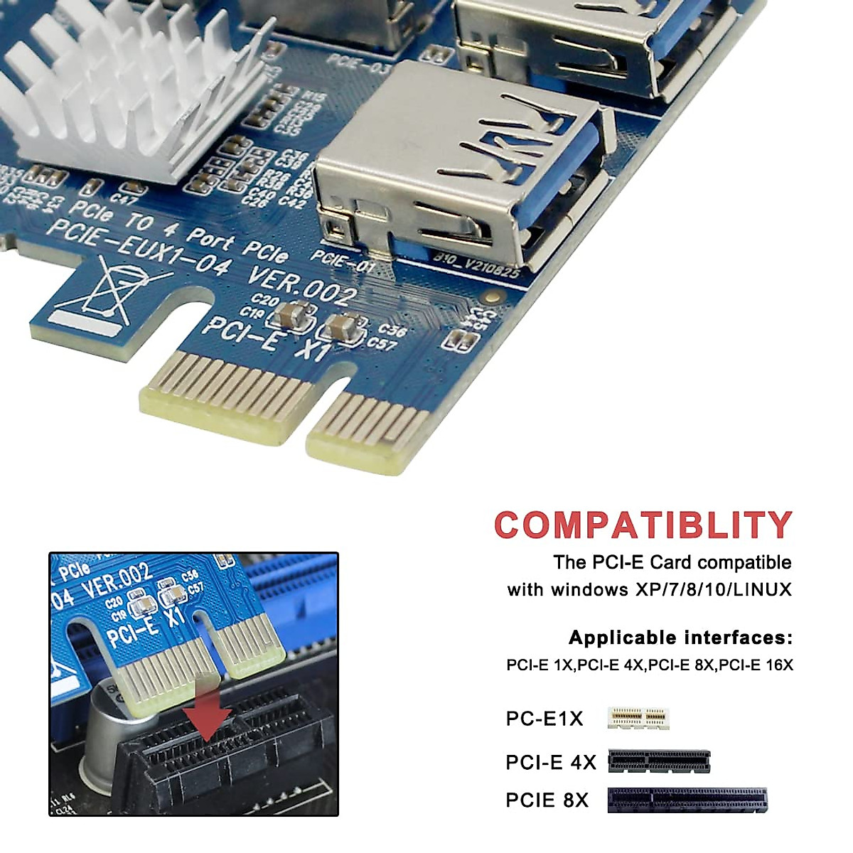 JMT PCI-E 1x to 16x Riser Card PCI-Express 1 to 4 Slot PCIe USB3.0 Splitter 1 to 4 Adapter GPU Riser Card for BTC Bitcoin Miner Mining (PCIE 1 to 4USB Card Blue)