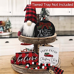 Christmas Decor - Christmas Decorations Indoor - Believe Merry Christmas Wooden Signs & Buffalo Plaid Gnomes Plush Set - Farmhouse Rustic Tiered Tray Country Decor for Home Room Table Mantle