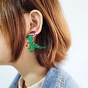 ONLYJUMP Acrylic Christmas Earrings for Women Cut Acrylic Animals Earrings Christmas Tree Green Caterpillar Sheep Dinosaur Earrings Funny Jewelry (Red Hat Dinosaur A)
