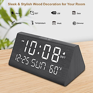 DreamSky Digital Alarm Clocks for Bedrooms - Wooden Desk Clock with Date, Day of Week, USB Port, Temperature, Dimmer for Bedside Table, Living Room, Office, Adjustable Volume, Auto DST, Wood Decor